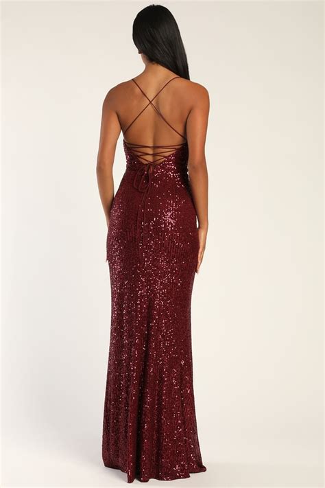 Burgundy Sequin Dress Lace Up Maxi Dress Sequin Mermaid Dress Lulus