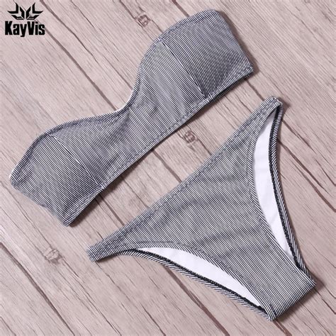 Kayvis 2019 Stripe Bikini Sexy Bandeau Swimsuit Women Push Up Swimwear