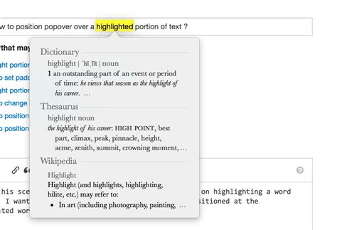 javascript how to position popover over a highlighted