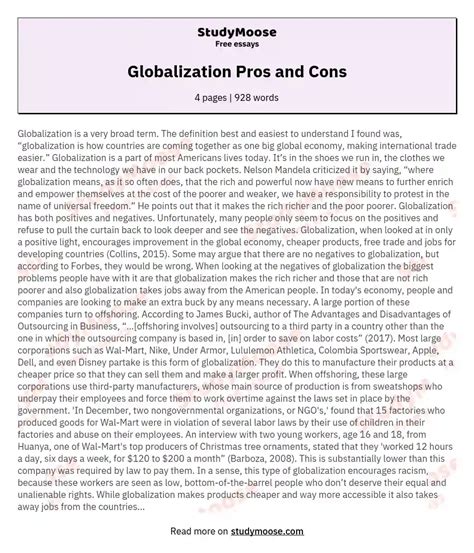 Globalization Pros And Cons Free Essay Example