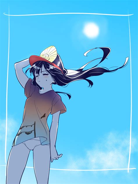 Safebooru 1girl Bangs Black Hair Black Headwear Blue Sky Breasts