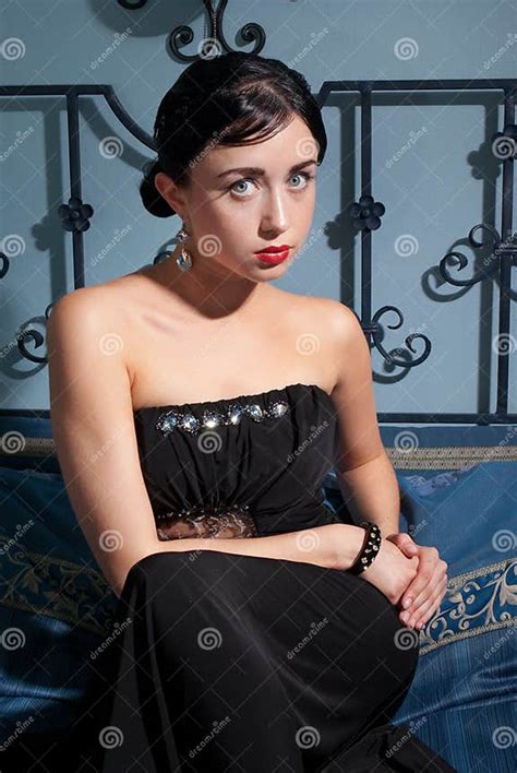 Young Beautiful Brunette Woman Sitting On Bed Stock Image Image Of