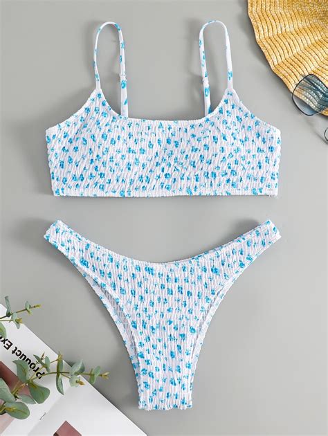 Shein Swim Vcay Ditsy Floral Bikini Set Smocked Cami Top And High Cut