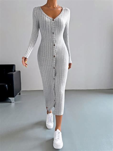 Shein Ezwear Button Through Ribbed Knit Bodycon Dress For Sale