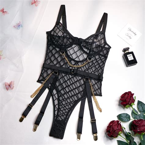 Sexy Black Mesh Bodysuit See Through Underwear Set Seductive Hollow