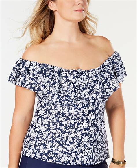 Island Escape Plus Size Bliss Printed La Flor Off The Shoulder Tankini