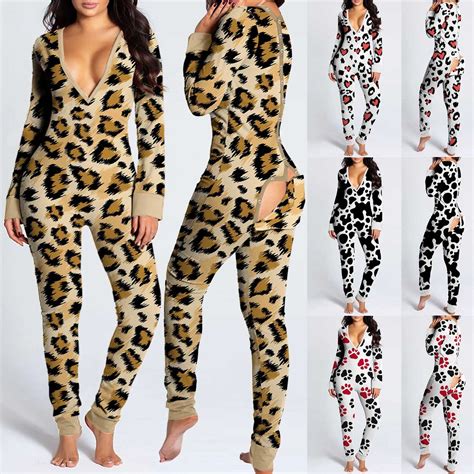 2022 Sexy Pyjama Women Jumpsuit Suit Button Down Front Back Butt Bum