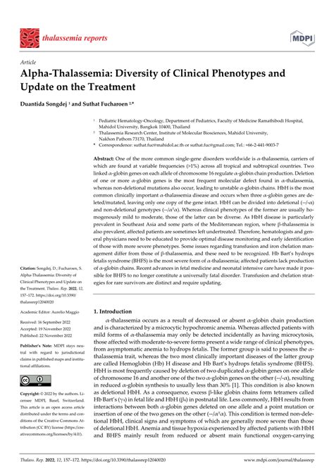 Pdf Alpha Thalassemia Diversity Of Clinical Phenotypes And Update On