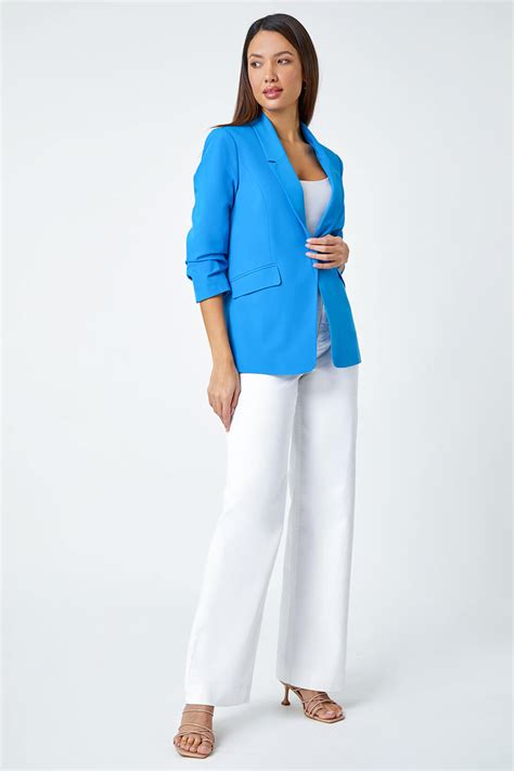 Blue Ruched Sleeve Stretch Blazer Roman Uk