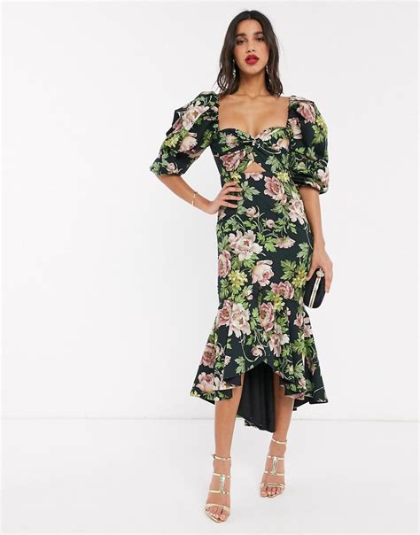 Asos Design Puff Sleeve Milkmaid Dress In Romantic Floral Print Multi
