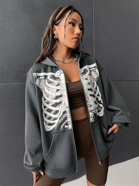 Shein Coolane Skeleton Print Zip Up Drop Shoulder Hoodie Shein Uk