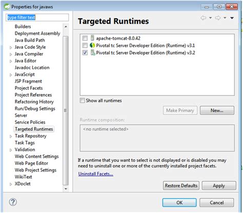 java target runtime pivotal tc server developer edition runtime v3
