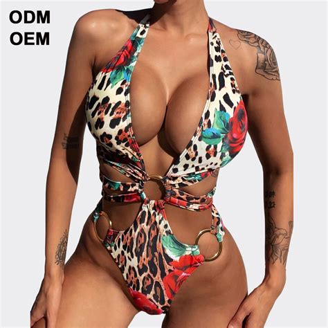 One Piece Halter Swimwear Womens Sexy Bikini Solid Color Printing Metal
