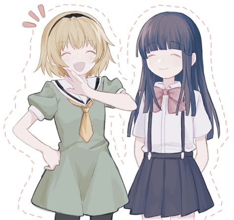Safebooru 2girls Arms Behind Back Bangs Black Legwear Blonde Hair