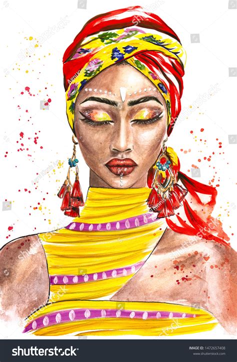 Colorful Exotic Portrait Beautiful Dark Skinned Stock Illustration