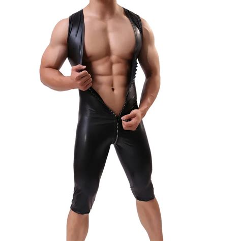 Male Pu Leather Catsuit Black Zipper Bodysuits Men Sexy Bodycon Tight