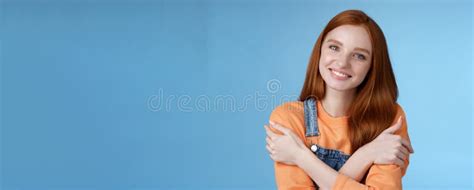 Tender Silly Redhead Girl Standing Blue Background Smiling Joyfully