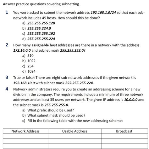 solved answer practice questions covering subnetting 1 you