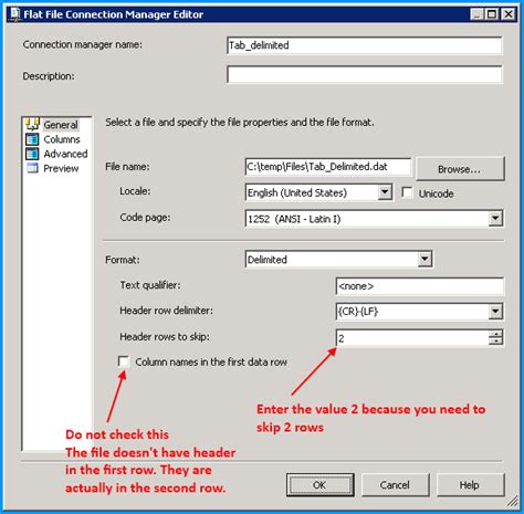 why doesn t ssis recognize tab column delimiters while importing into a