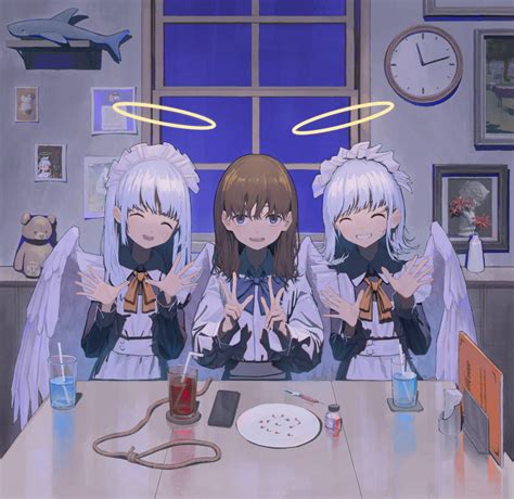 Safebooru 3girls Absurdres Analog Clock Angel Angel Wings Apron Bangs