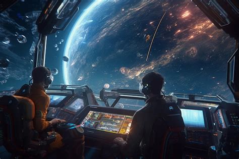 Un Hombre Y Una Mujer Se Sientan En Una Nave Espacial Mirando Un