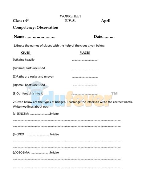 Class 4 Evs Worksheets Apr 1