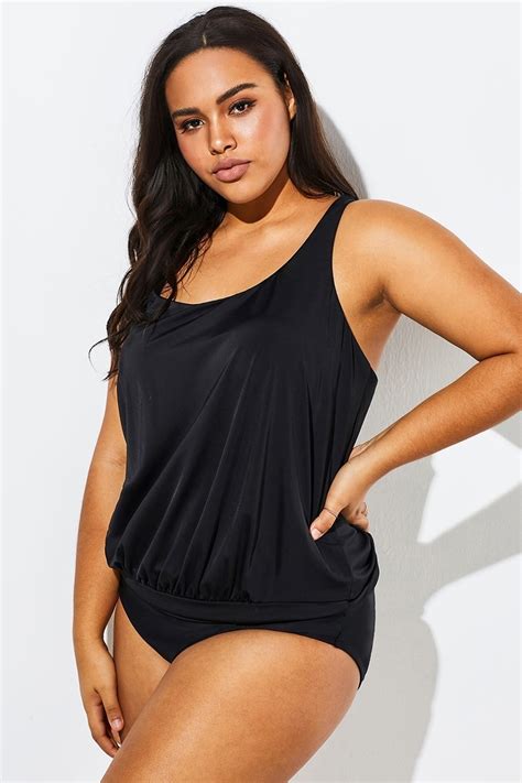 Black Racerback Tummy Control Blouson Tankini Set Meet Curve Meet Curve