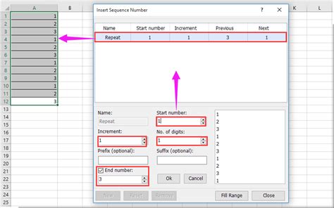 how to fill column with series repeating pattern numbers in excel