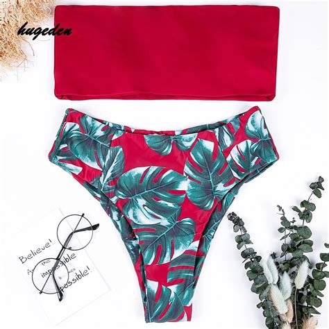 Hugeden Leave Printed Bikinis Women Sexy Swimsuit Bandeau Solid