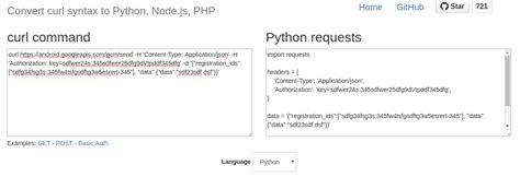 convert curl syntax to python node js php · issue 60 · curlconverter