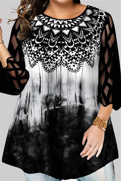 Wholesale Black Casual Print Patchwork O Neck Plus Size Tops K60216 1