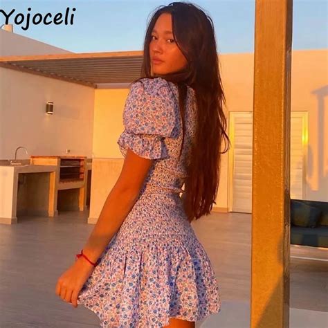 Yojoceli Ruffled Bodycon Short Floral Dress Summer Women Shirred Casual