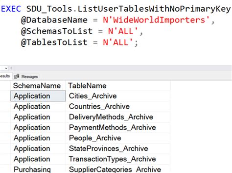 sdu tools listing sql server user tables that have no primary key