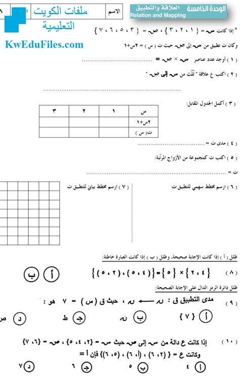 ورقة عمل الوحدة الخامسة العلاقة والتطبيق مدرسة طارق السيد رجب