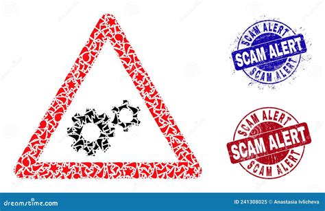 Gears Warning Mosaic Of Spalls With Scam Alert Scratched Seal Stamps