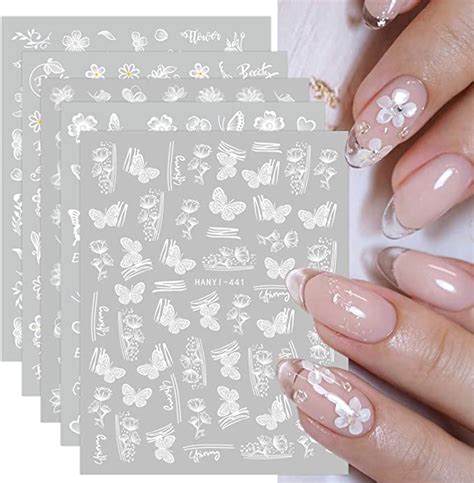 Jmeowio 12 Sheets Spring White Flower Nail Art Stickers Decals Self