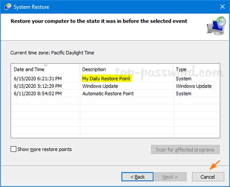 how to view all available system restore points in windows