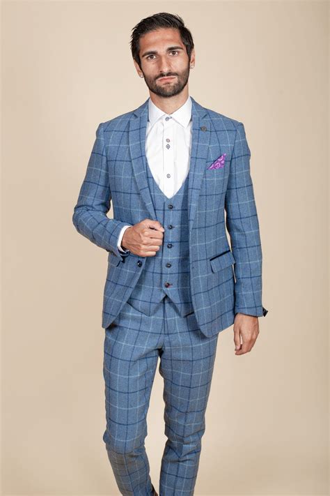 Clinton Blue Tweed Check Three Piece Suits Distributors Cork
