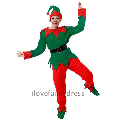 Adult Elf Costume Ladies Mens Christmas Fancy Dress Elves Xmas Santas