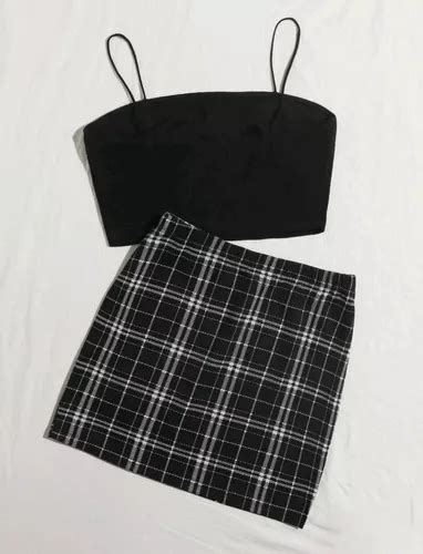 Shein Conjunto Top De Tirantes Corto Unicolor Con Falda Envío Gratis