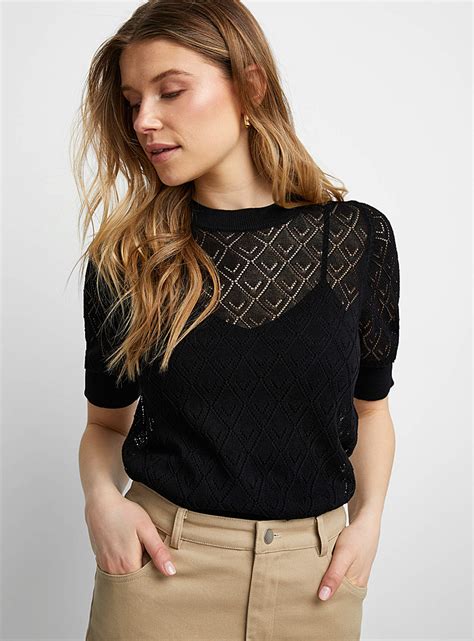 Openwork Diamond Pattern Puff Sleeve Sweater Icône Shop Womens