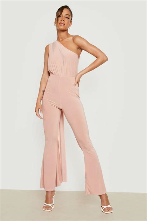 Slinky One Shoulder Flare Leg Jumpsuit Boohoo Uk