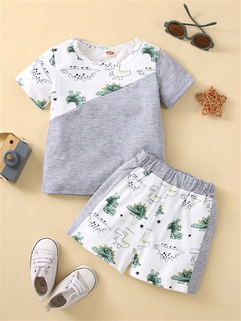 Multicolor Casual Short Sleeve Polyester Colorblock Dinosaur