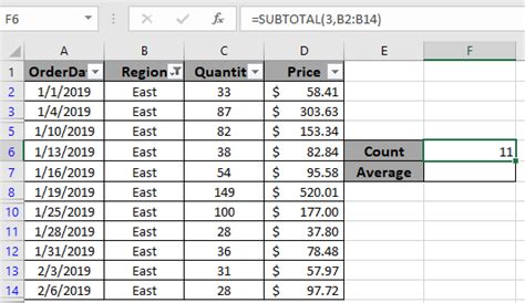 excel count filtered row using subtotal function