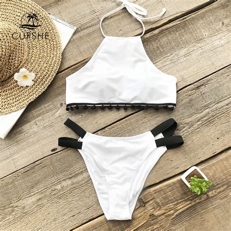 Cupshe White And Black High Neck Tied Halter Bikini Sets Swimsuit Women