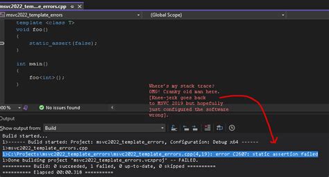 c msvc 2022 template build errors no compile time strack trace