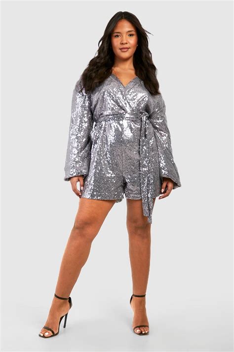 Womens Plus Sequin Wrap Belted Playsuit Boohoo Uk