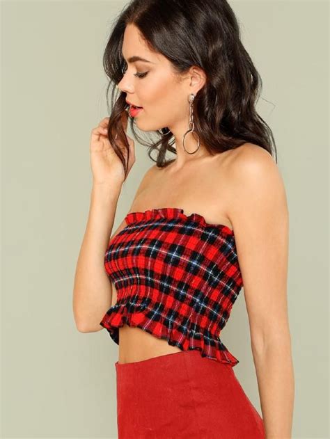 Shein Frill Trim Shirred Crop Bandeau Top Bandeau Top Tops Bandeau