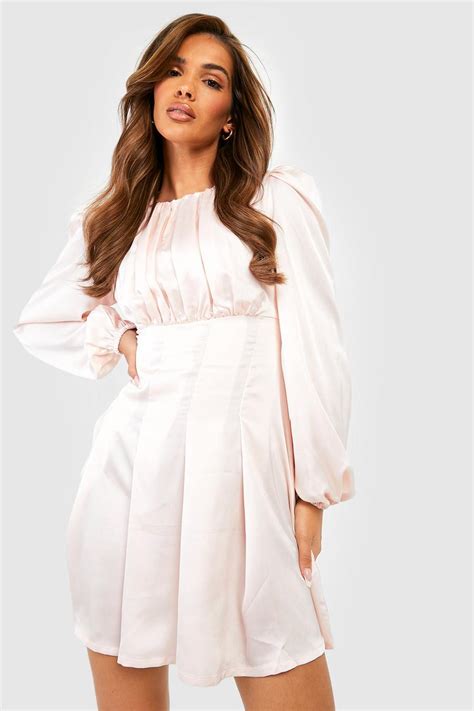 Satin Blouson Sleeve Skater Dress Boohoo