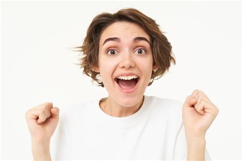 Premium Photo Close Up Portrait Of Excited Woman Gasping And Smiling